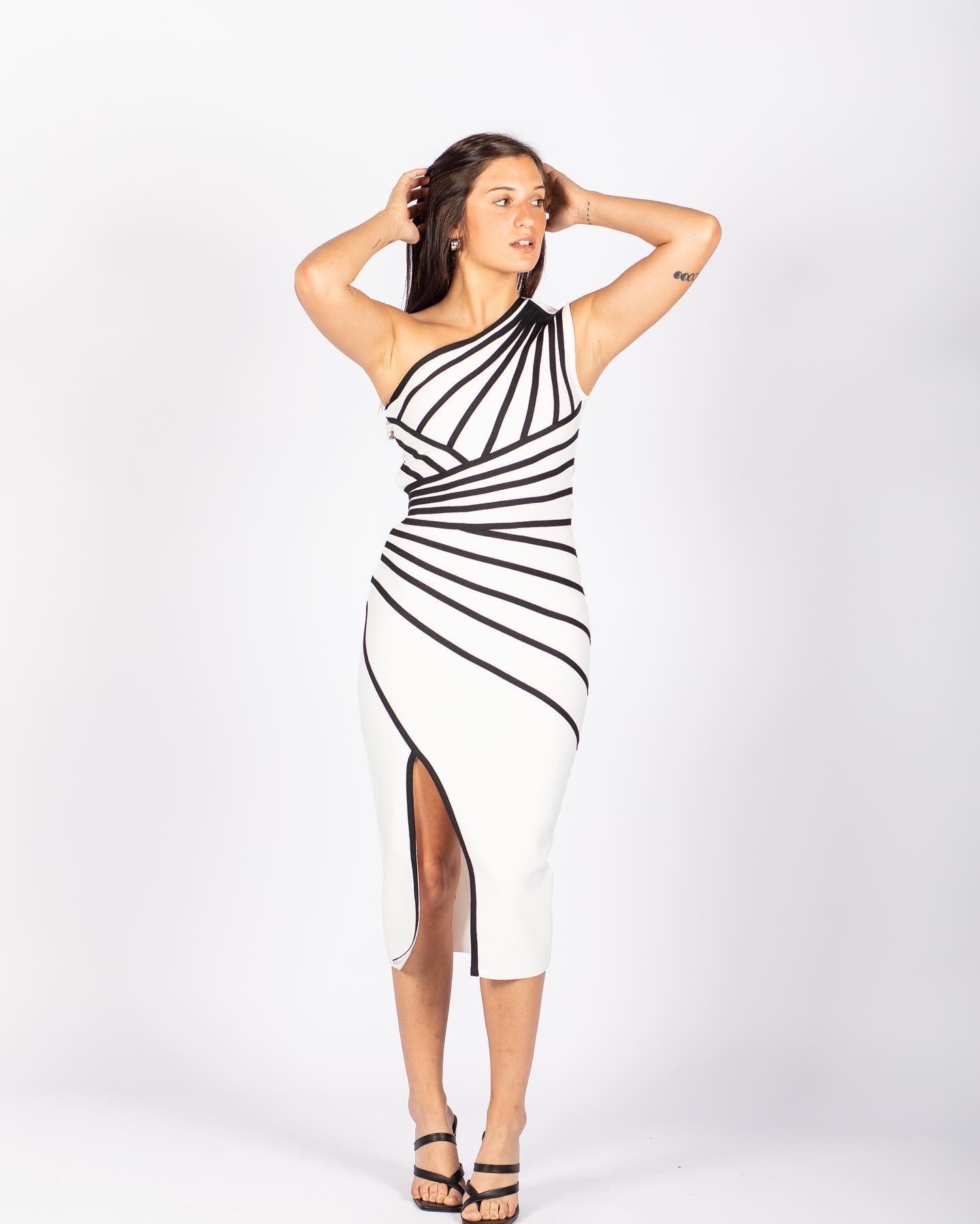 Amani white dress- Midi length one shoulder bandage dress with front s ...